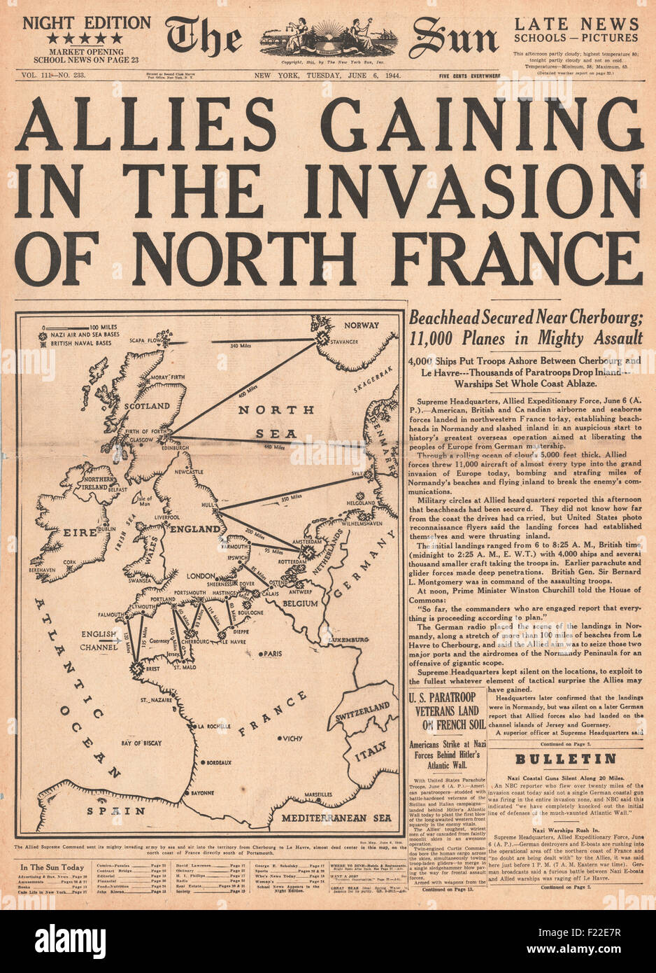 1944 The Sun (New York) front page reporting D-Day landings of Allies ...