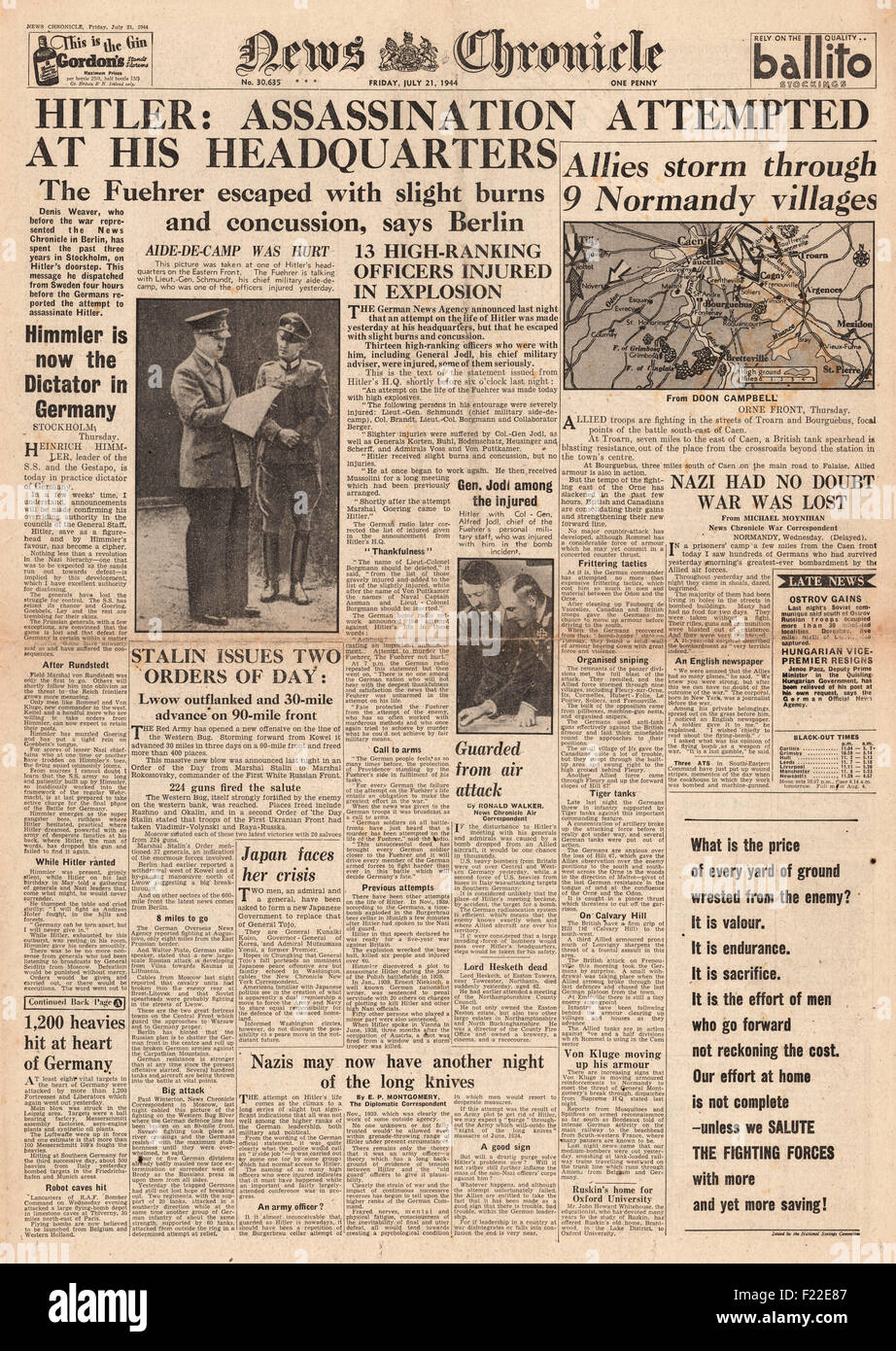 1944 News Chronicle front page reporting assassination attempt on Adolf ...