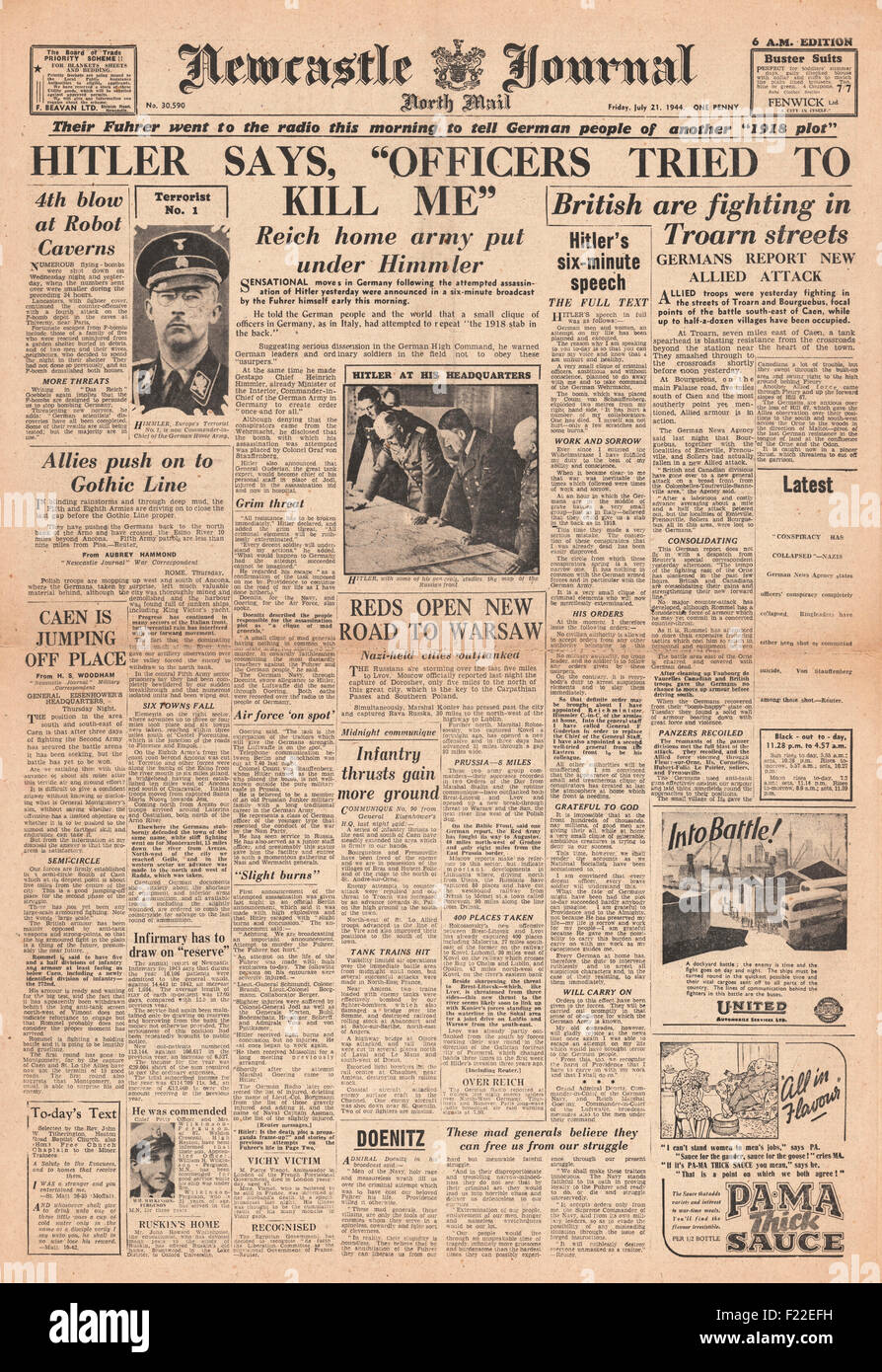 1944 Newcastle Journal front page reporting assassination attempt on ...