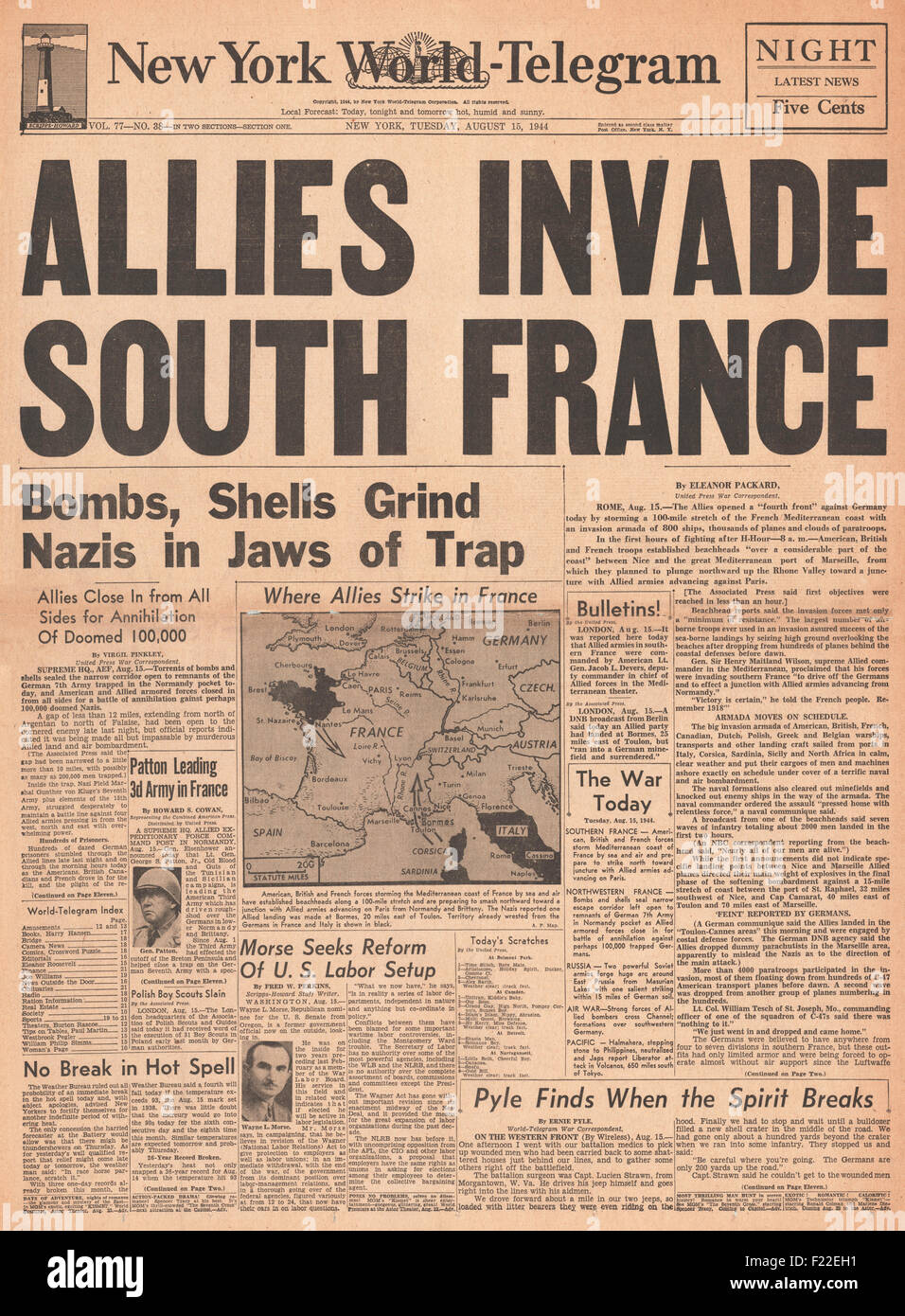 1944 New York World Telegram front page reporting Allies land in ...