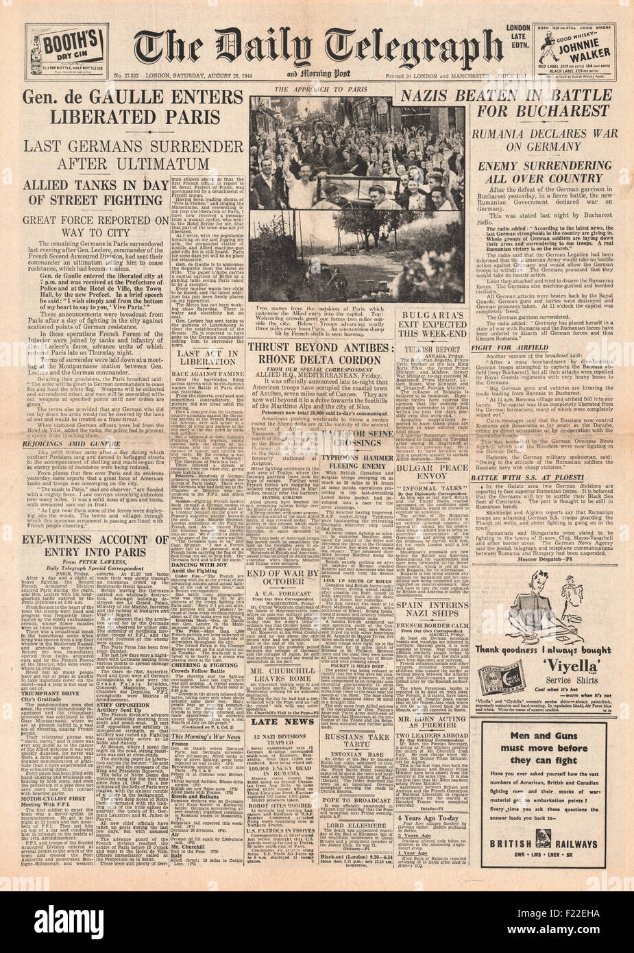 1944 Daily Telegraph front page reporting Allied Forces Liberate Paris ...