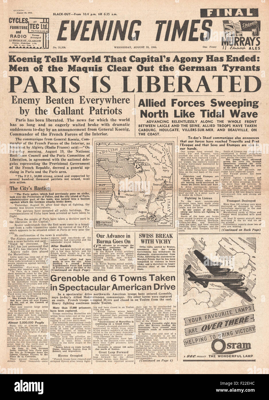 1944 Evening Times front page reporting Allied Forces Liberate Paris ...