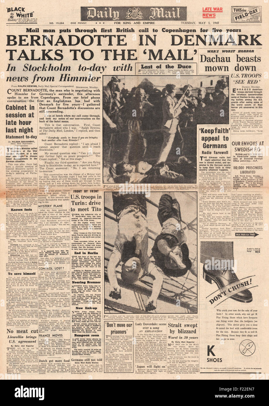 1945 Daily Mail front page reporting Count Bernadotte makes Peace ...