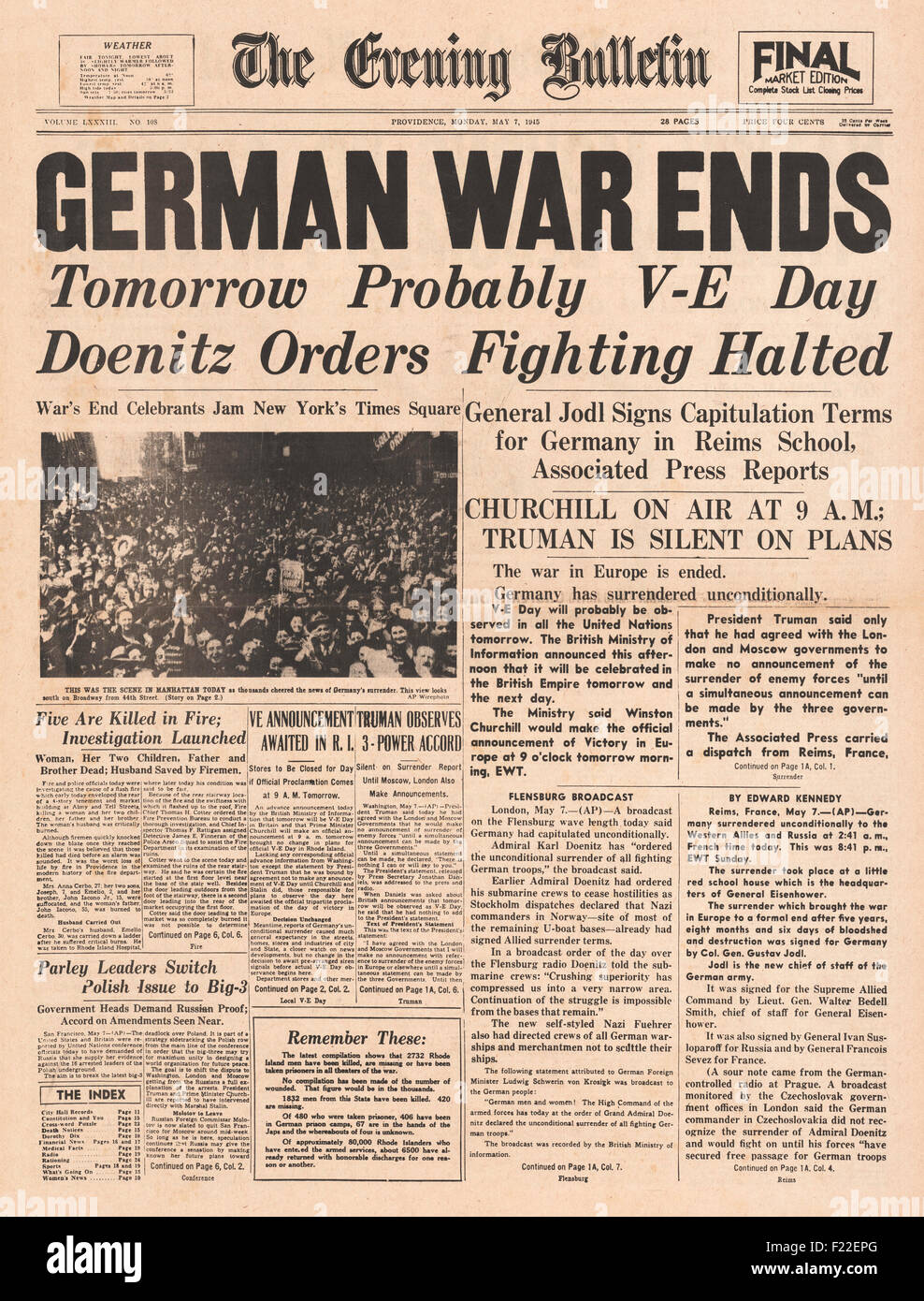 1945 Evening Bulletin front page reporting End of War in Europe as Nazi ...