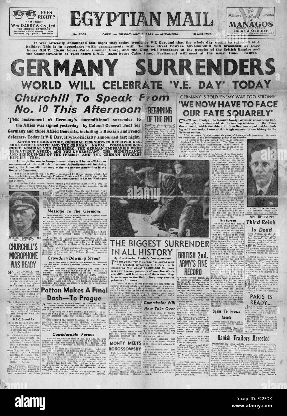 1945 Egyptian Mail (Egypt) front page reporting VE Day Stock Photo - Alamy