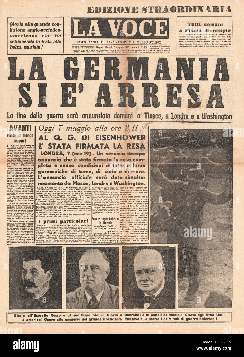 1945 La Voce (Italy) front page reporting VE Day Stock Photo - Alamy