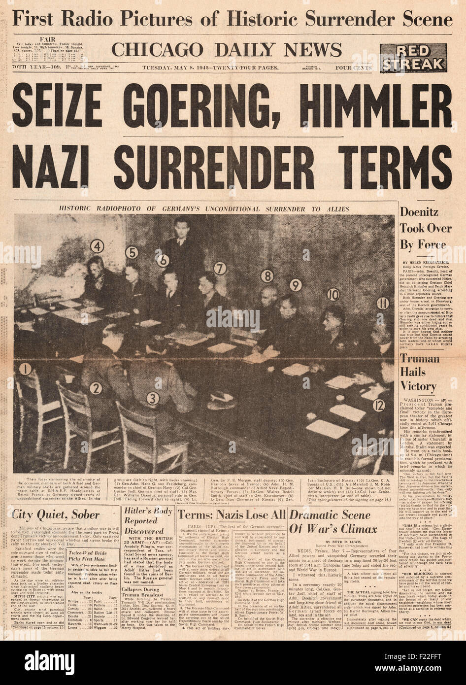 1945 Chicago Daily News (USA) front page reporting VE Day Stock Photo ...