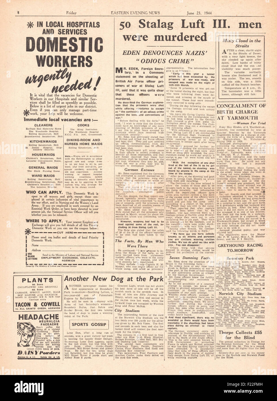 1944 Eastern Daily Press front page reporting Allied Airmen Executed by ...