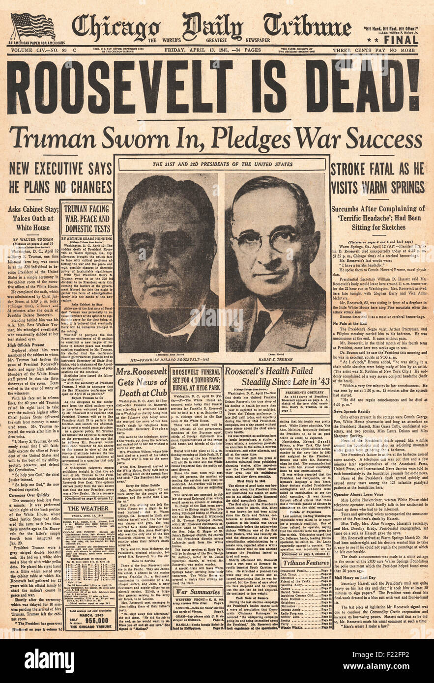 1945 Chicago Daily Tribune front page reporting Death of US President ...