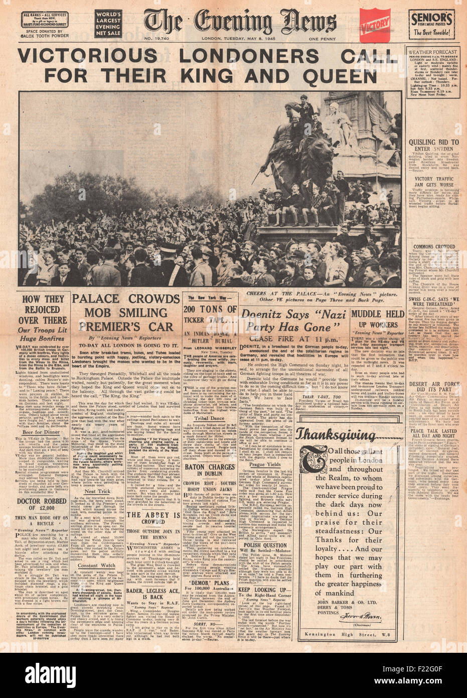 1945 Evening News (London) front page reporting VE Day Stock Photo - Alamy