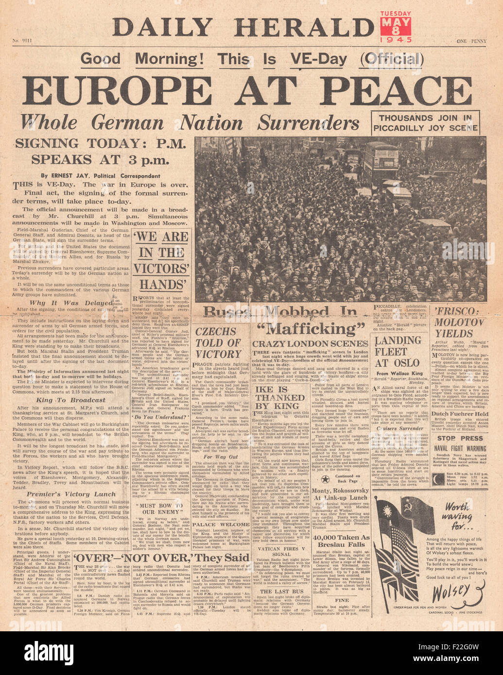 1945 Daily Herald front page reporting VE Day Stock Photo - Alamy