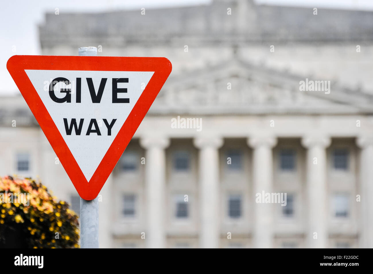 Give Way traffic road sign outside Parliament Buildings, Stormont ...