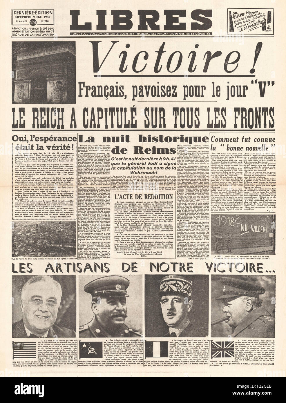 1945 Libres (France) front page reporting End of War in Europe as Nazi ...