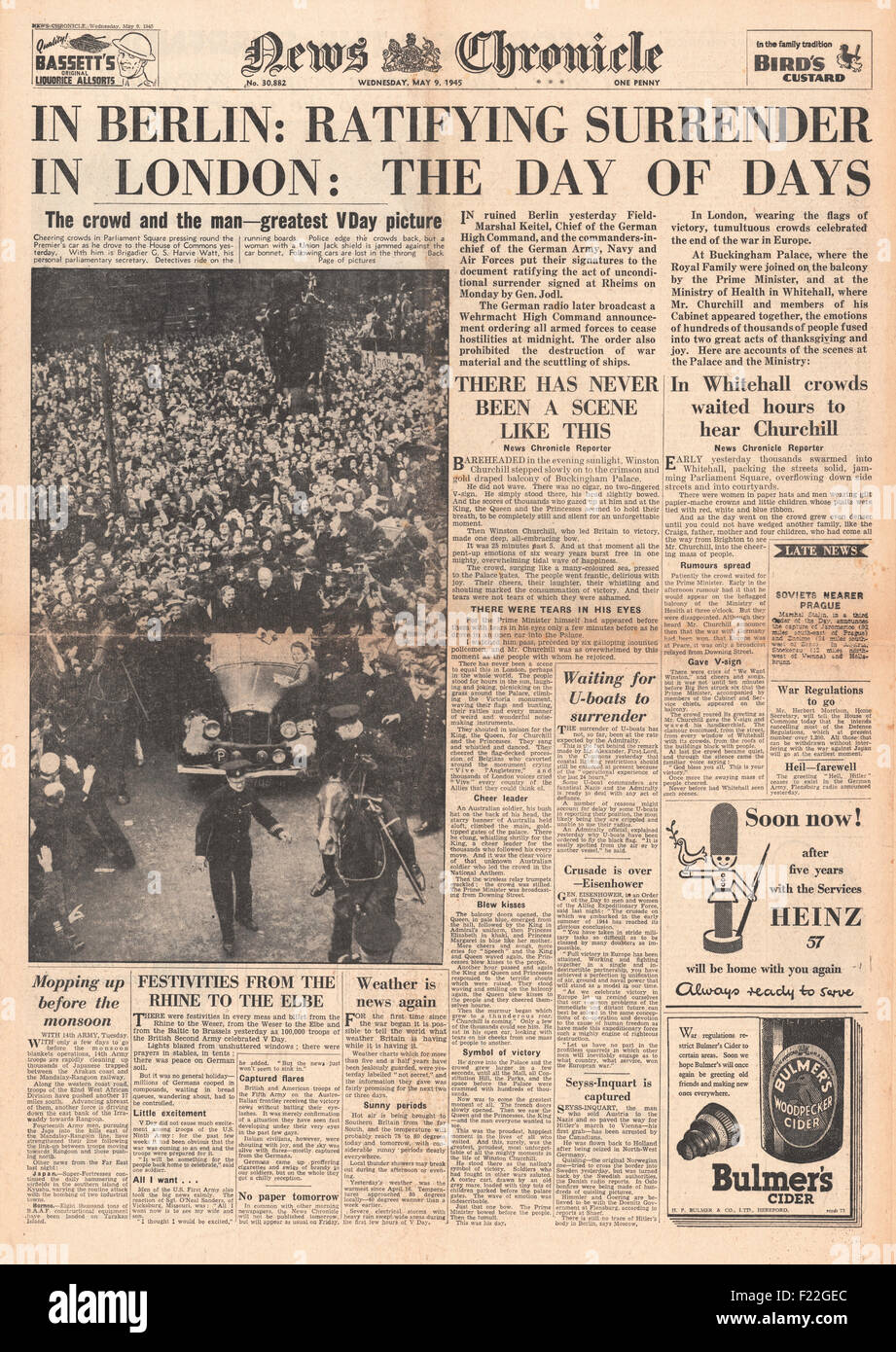 1945 News Chronicle front page reporting End of War in Europe as Nazi ...
