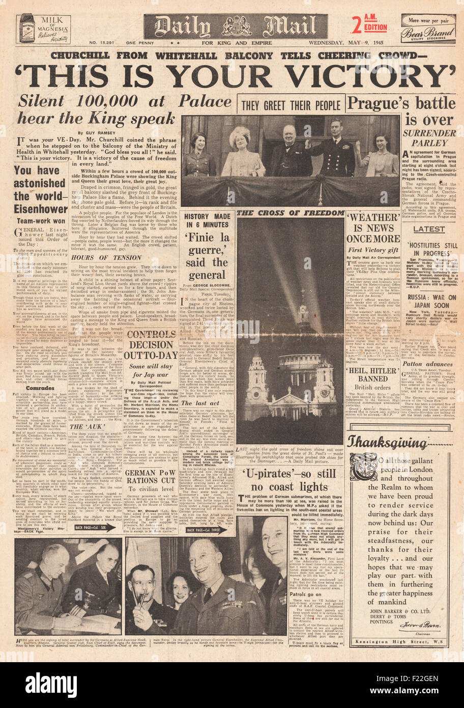 1945 Daily Mail front page reporting End of War in Europe as Nazi ...
