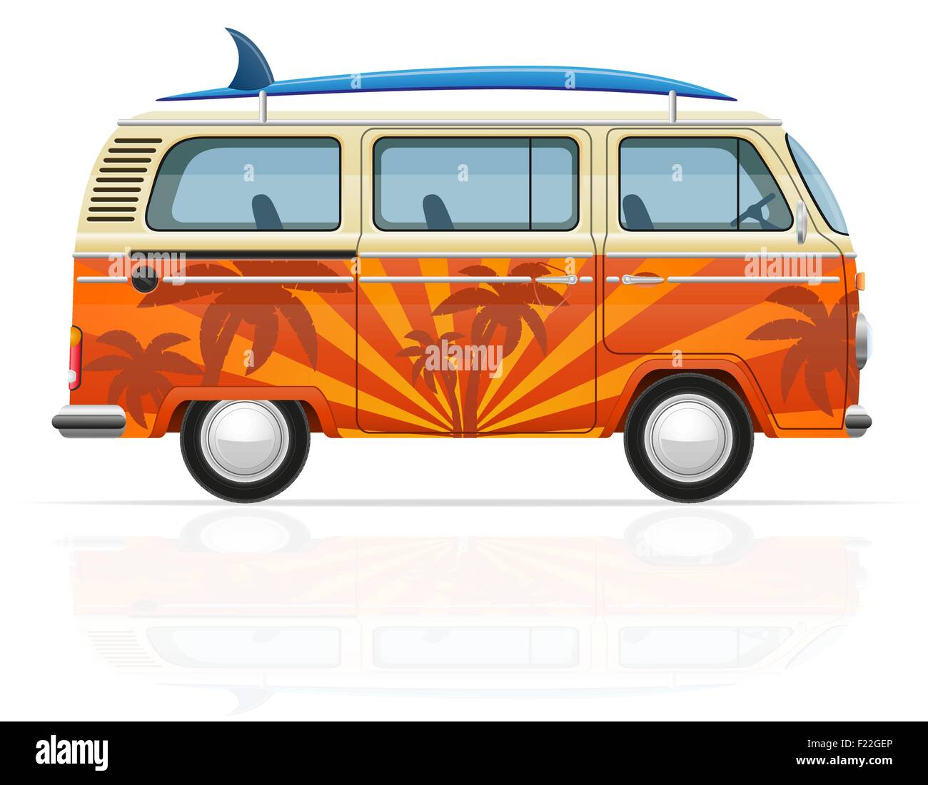 retro minivan with a surfboard vector illustration isolated on white ...