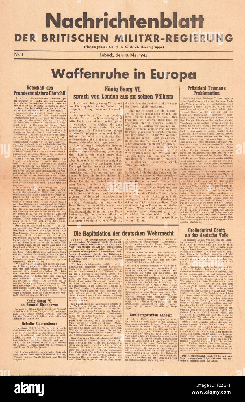 1945 Nachrichtenblatt front page reporting End of War in Europe as Nazi ...