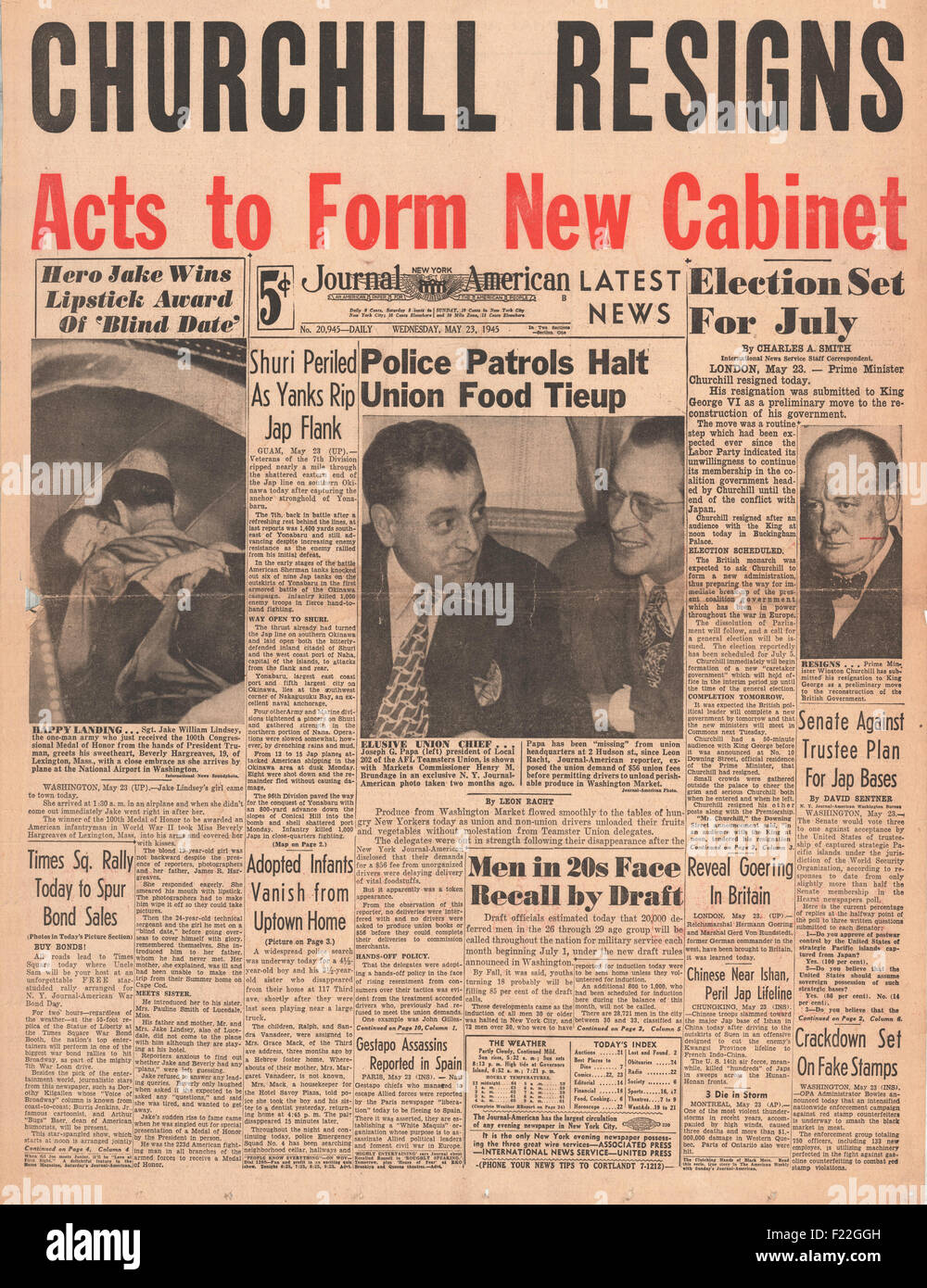 1945 New York Journal American front page reporting Churchill and ...
