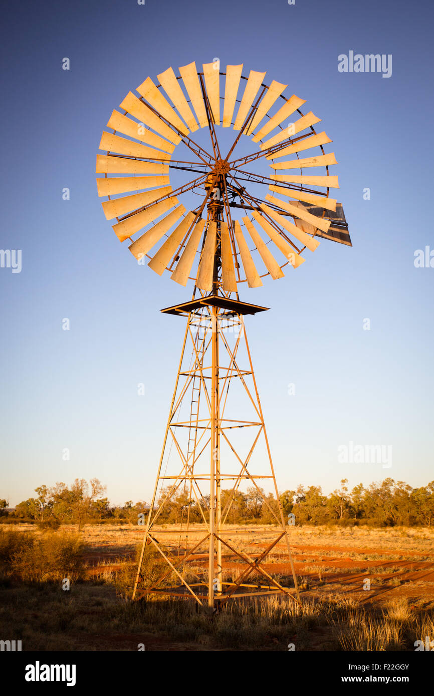 An old disused windmill at dawn near Gemtree, Northern Territory ...