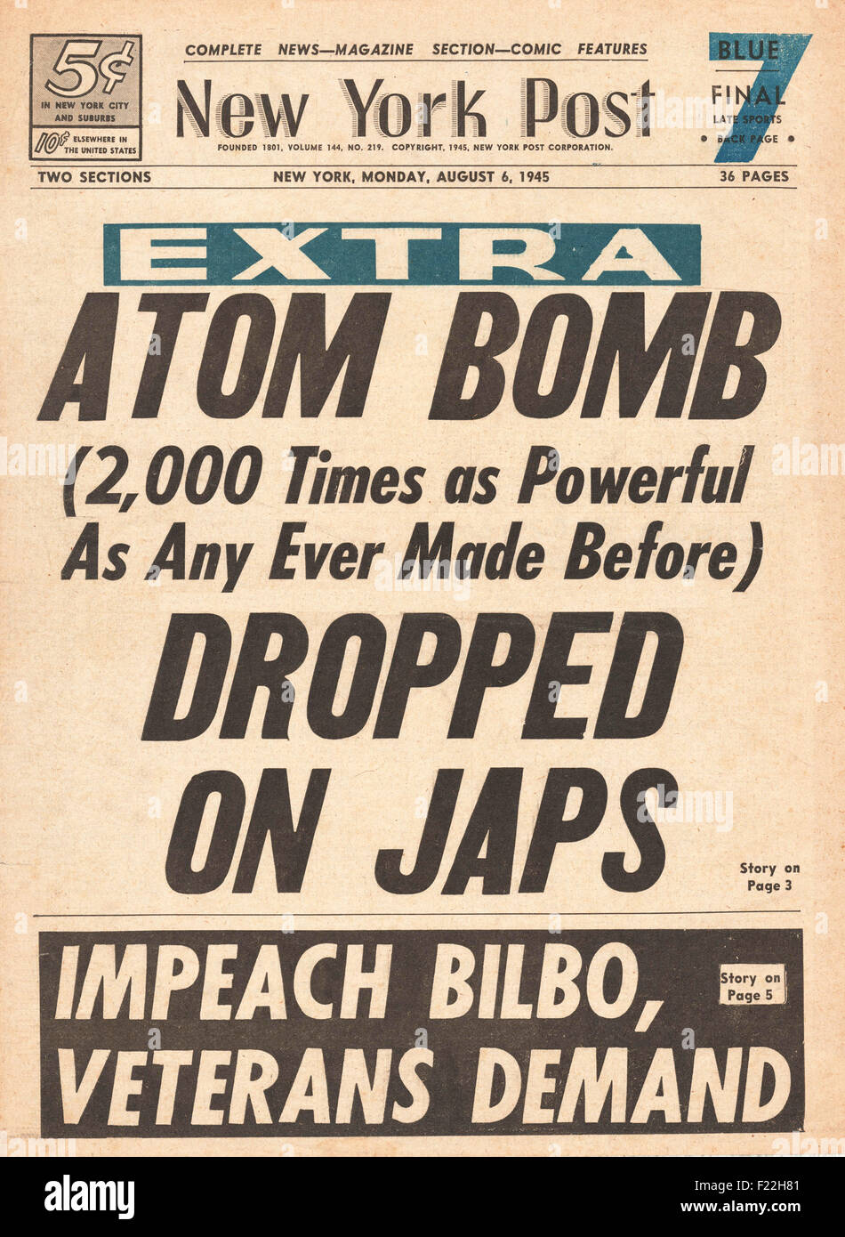 1945 New York Post front page reporting Atom Bomb Dropped On Hiroshima ...