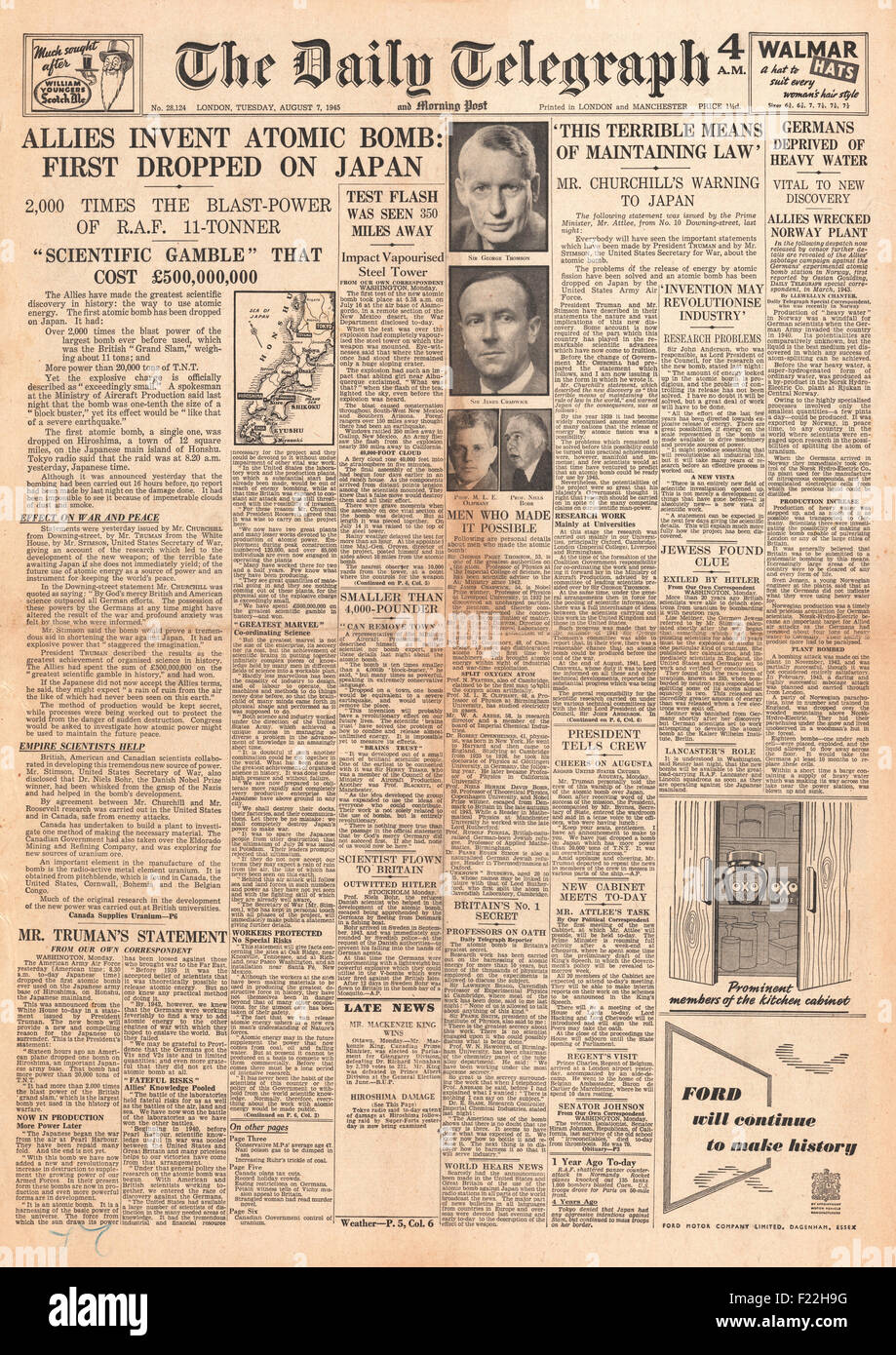 1945 Daily Telegraph front page reporting Atom Bomb Dropped On ...