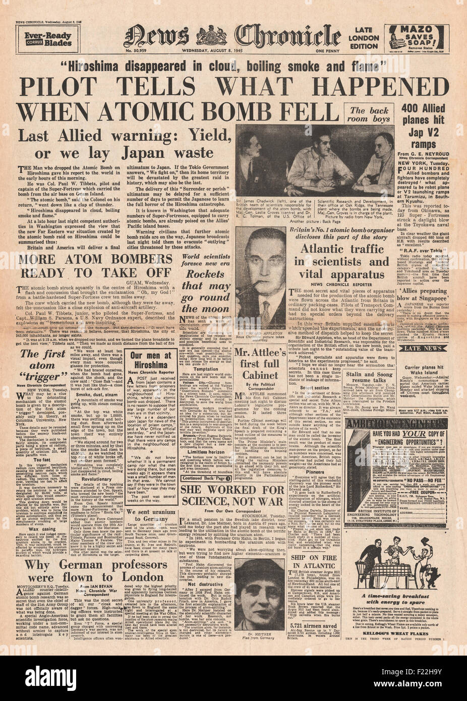 1945 News Chronicle front page reporting Atom Bomb Dropped On Hiroshima ...