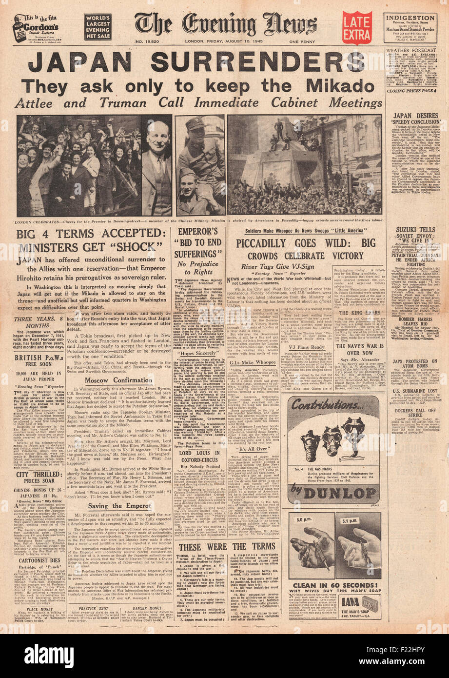 1945 Evening News (London) front page reporting Japan offers surrender ...