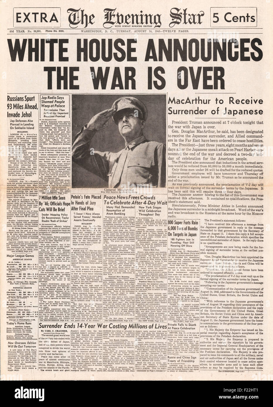 1945 Evening Star (USA) front page reporting Japan accepts complete ...