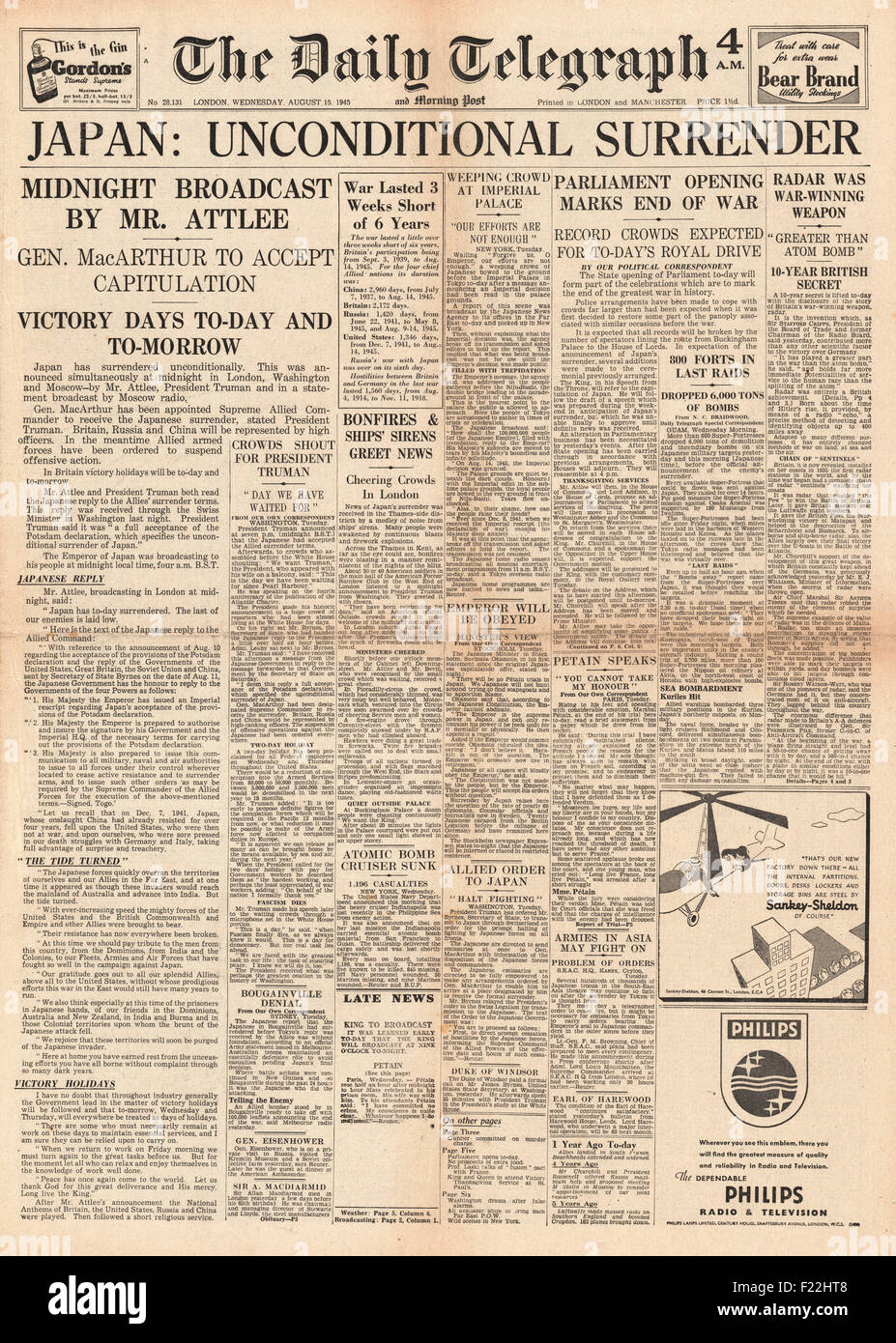 1945 Daily Telegraph front page reporting the end of World War Two and ...