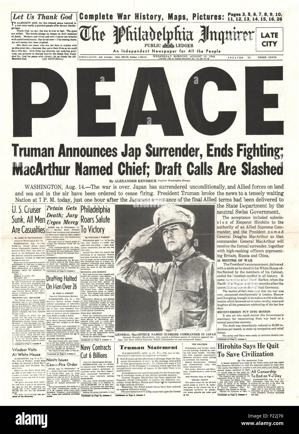 1945 Philadelphia Inquirer front page reporting the end of World War ...