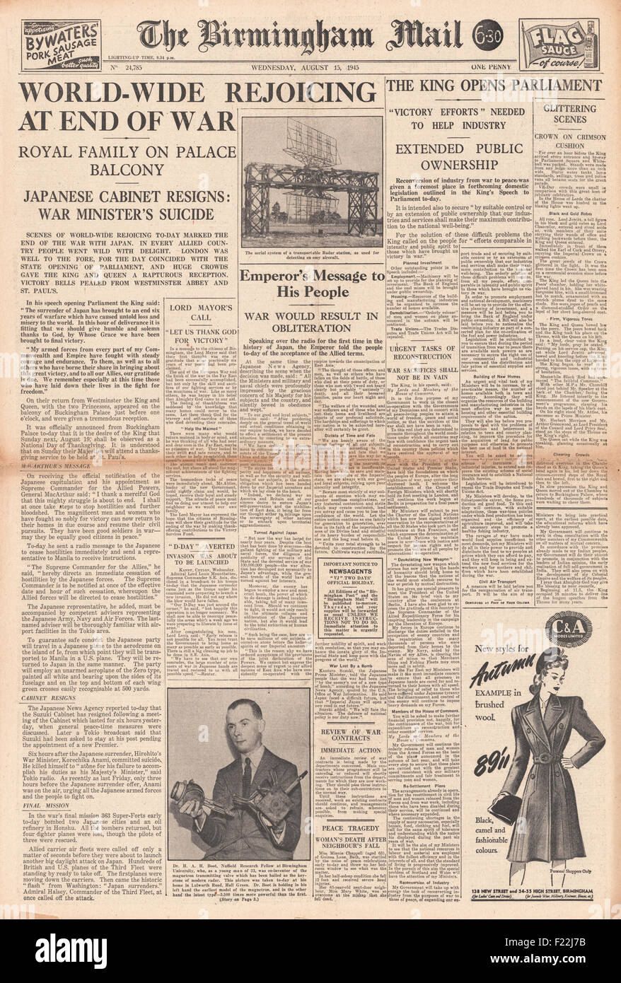 1945 front page Birmingham Mail reporting the end of World War Two and ...