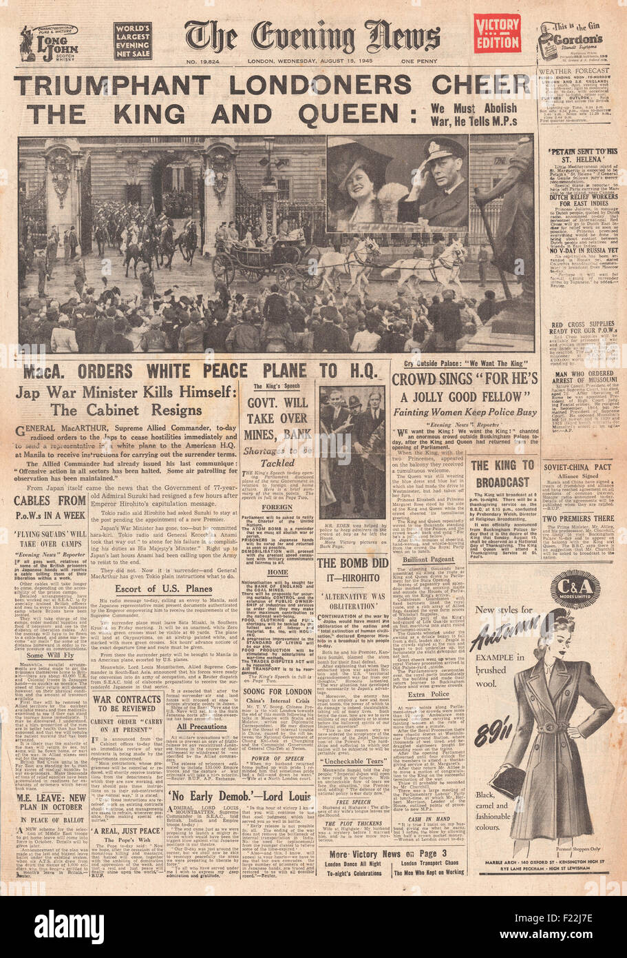 1945 front page Evening News (London) reporting the end of World War ...
