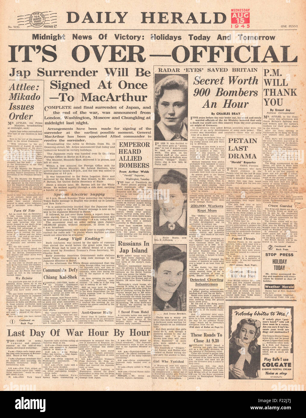 1945 front page Daily Herald reporting the end of World War Two and VJ ...