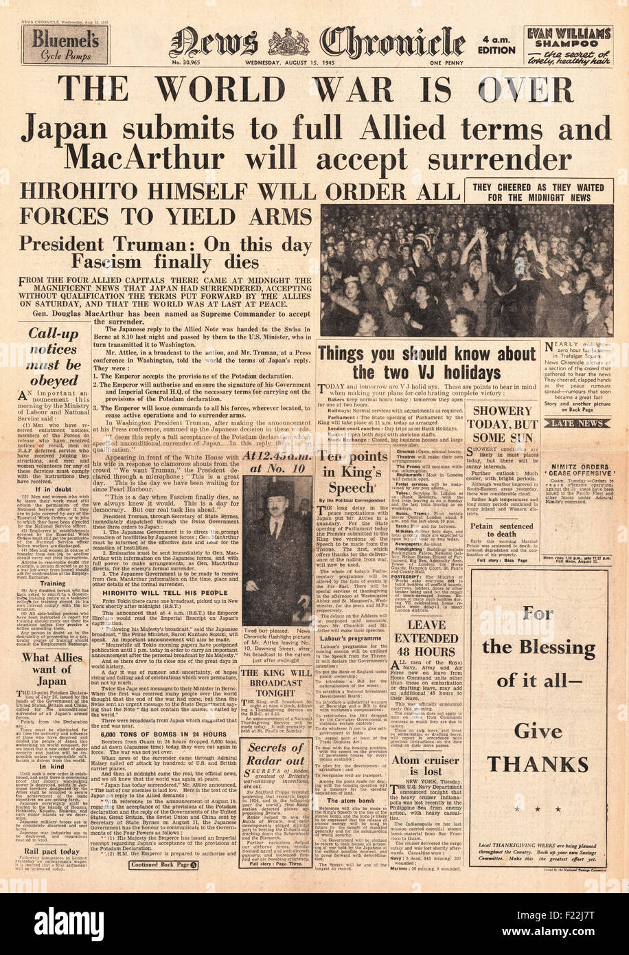 1945 front page News Chronicle reporting the end of World War Two and ...