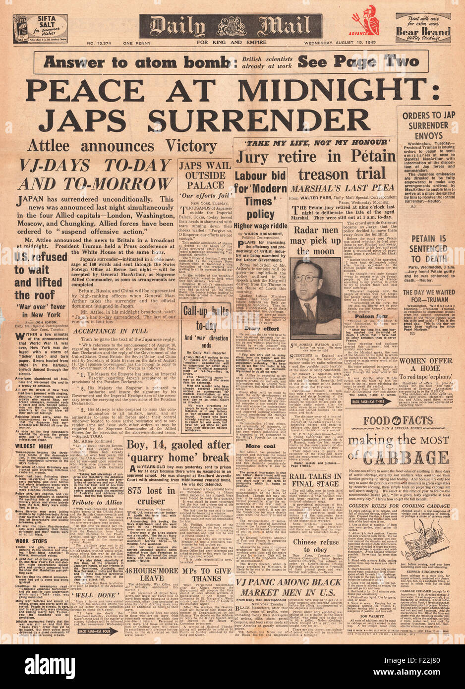 1945 Daily Mail front page reporting the end of World War Two and VJ ...