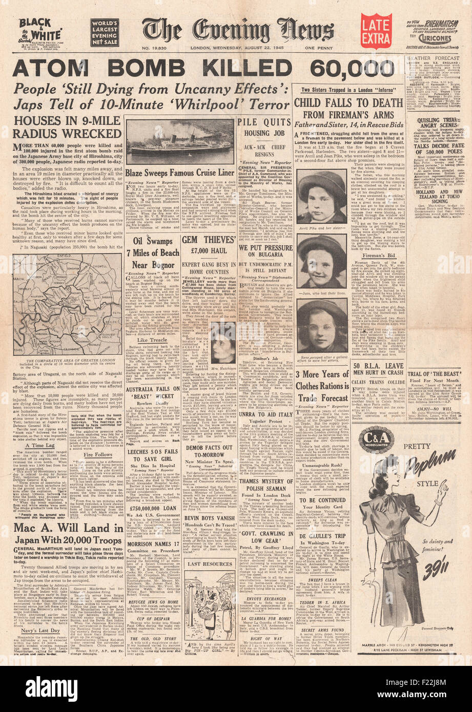 1945 Evening News (London) front page reporting Atom Bomb on Hiroshima ...