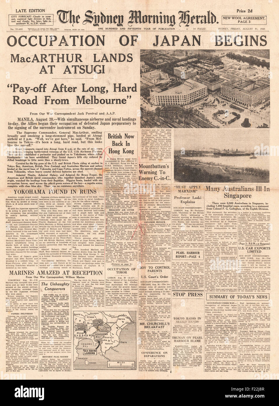 1945 Sydney Morning Herald (Australia) front page reporting the Allied ...