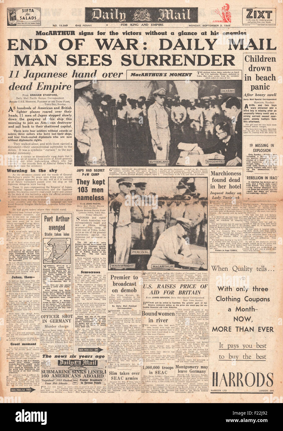 1945 Daily Mail front page reporting Japan signs surrender document ...