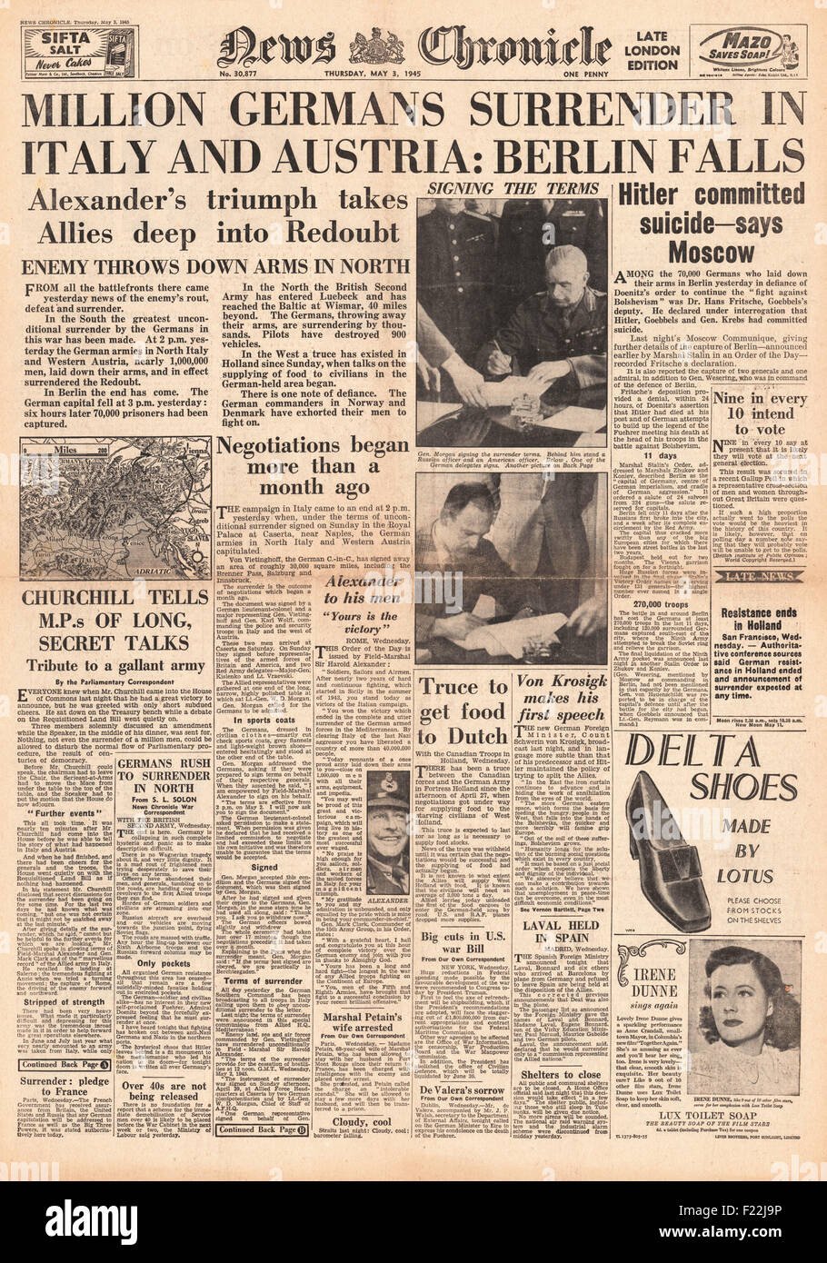 1945 News Chronicle front page reporting One Million German troops ...