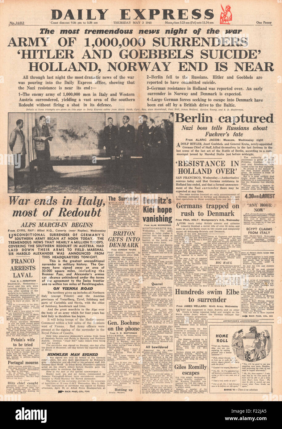 1945 Daily Express front page reporting One Million German troops ...