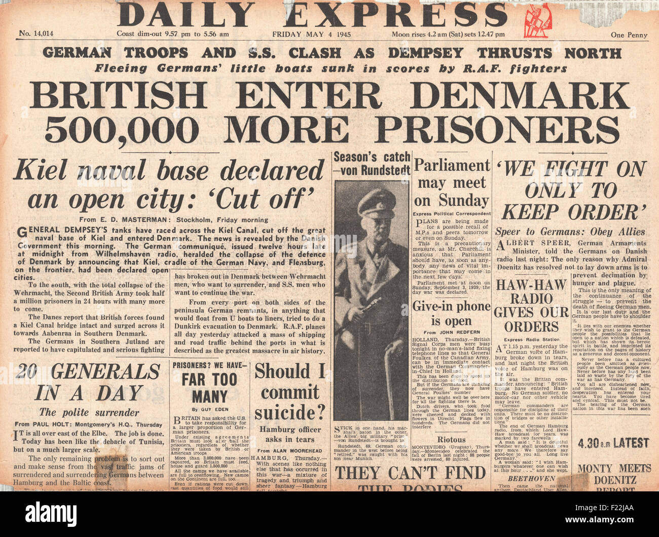 1945 Daily Express front page reporting British Army Drive into Denmark ...