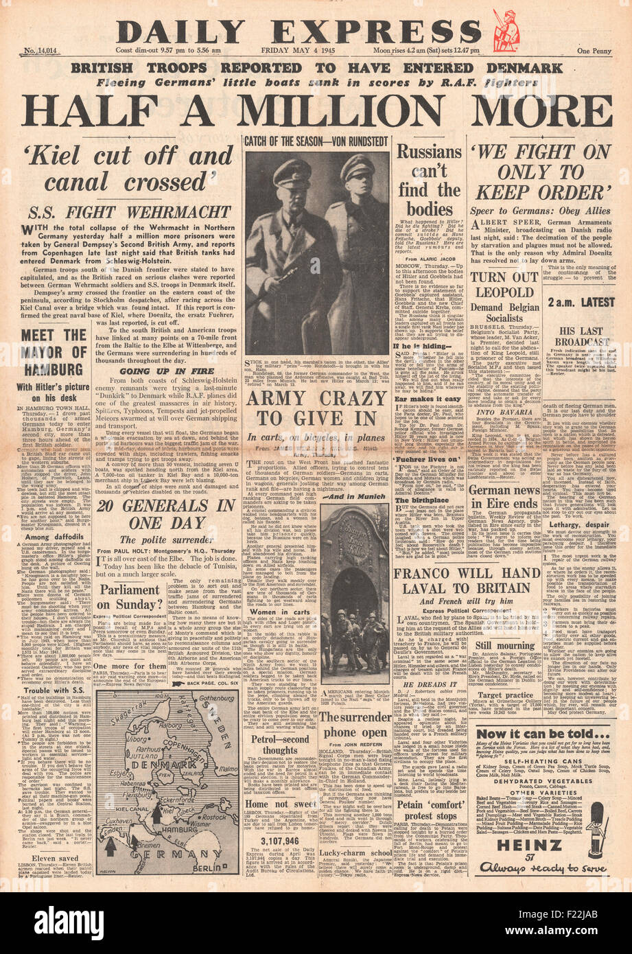 1945 Daily Express front page reporting British Army Drive into Denmark ...