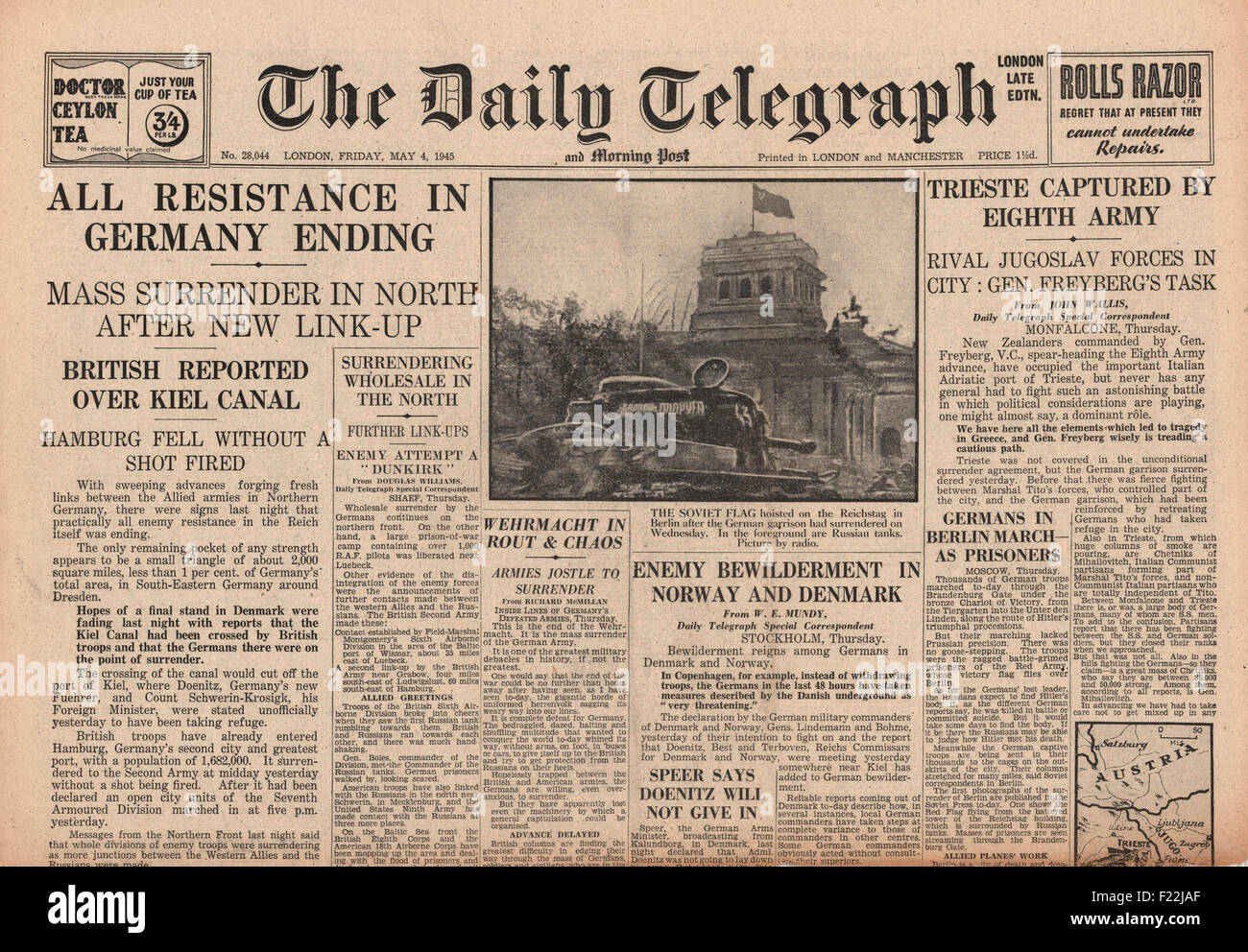 1945 Daily Telegraph front page reporting British Army Drive into ...