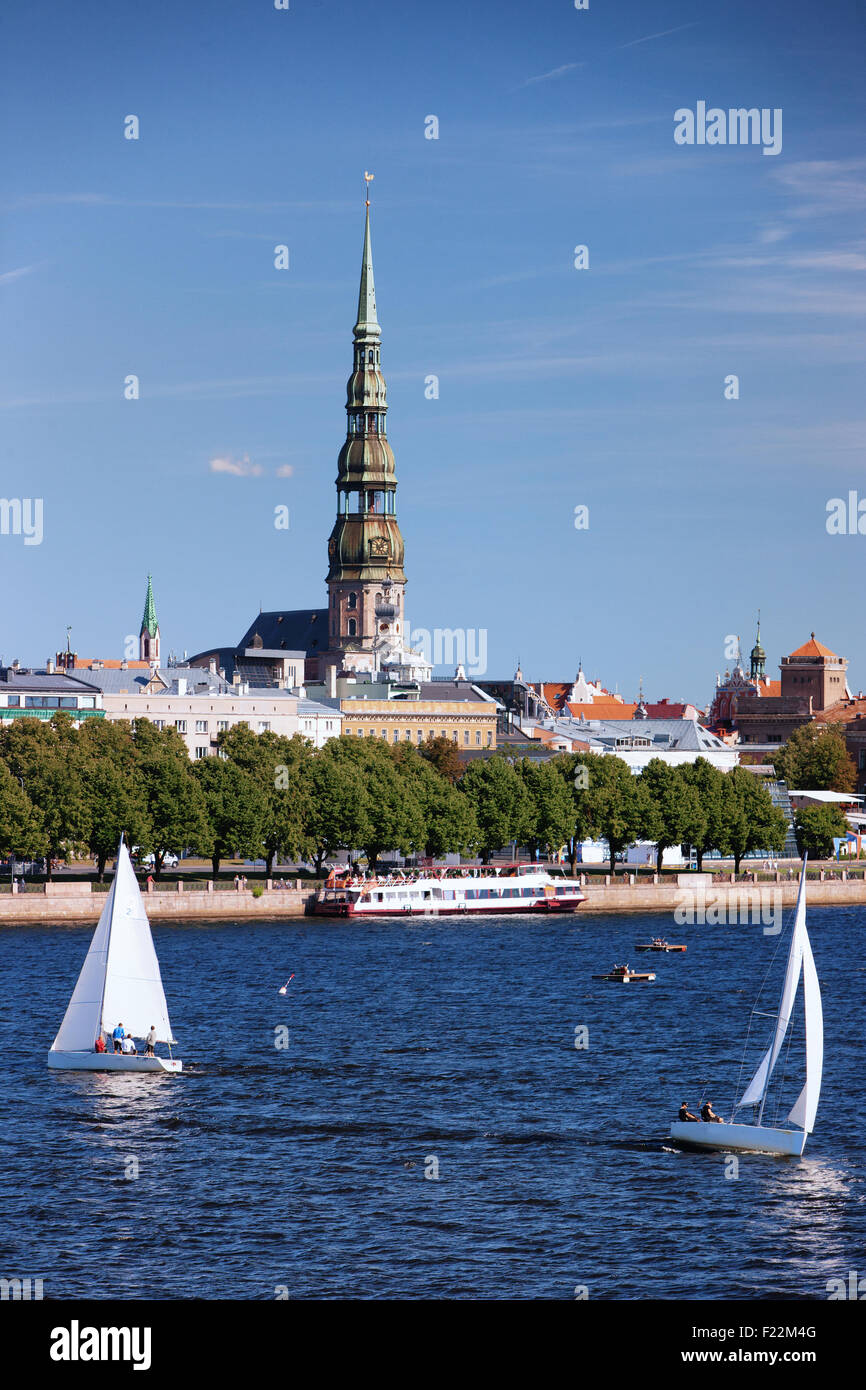 Latvia. Yachts with sails and a pleasure boat on the River Daugava in ...