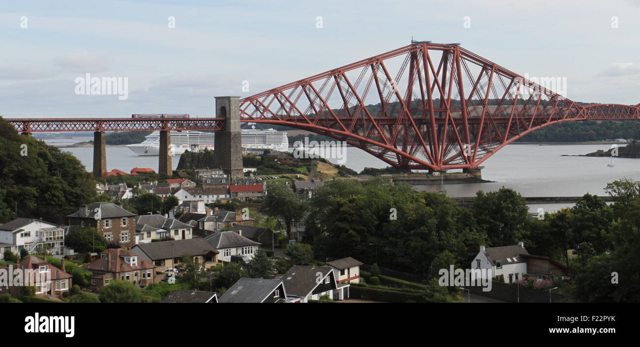 Elevated view of North Queensferry and Forth Rail Bridge Scotland ...
