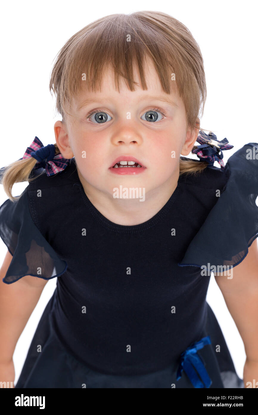 Portrait of a little surprised girl with expressive eyes. Isolate on ...