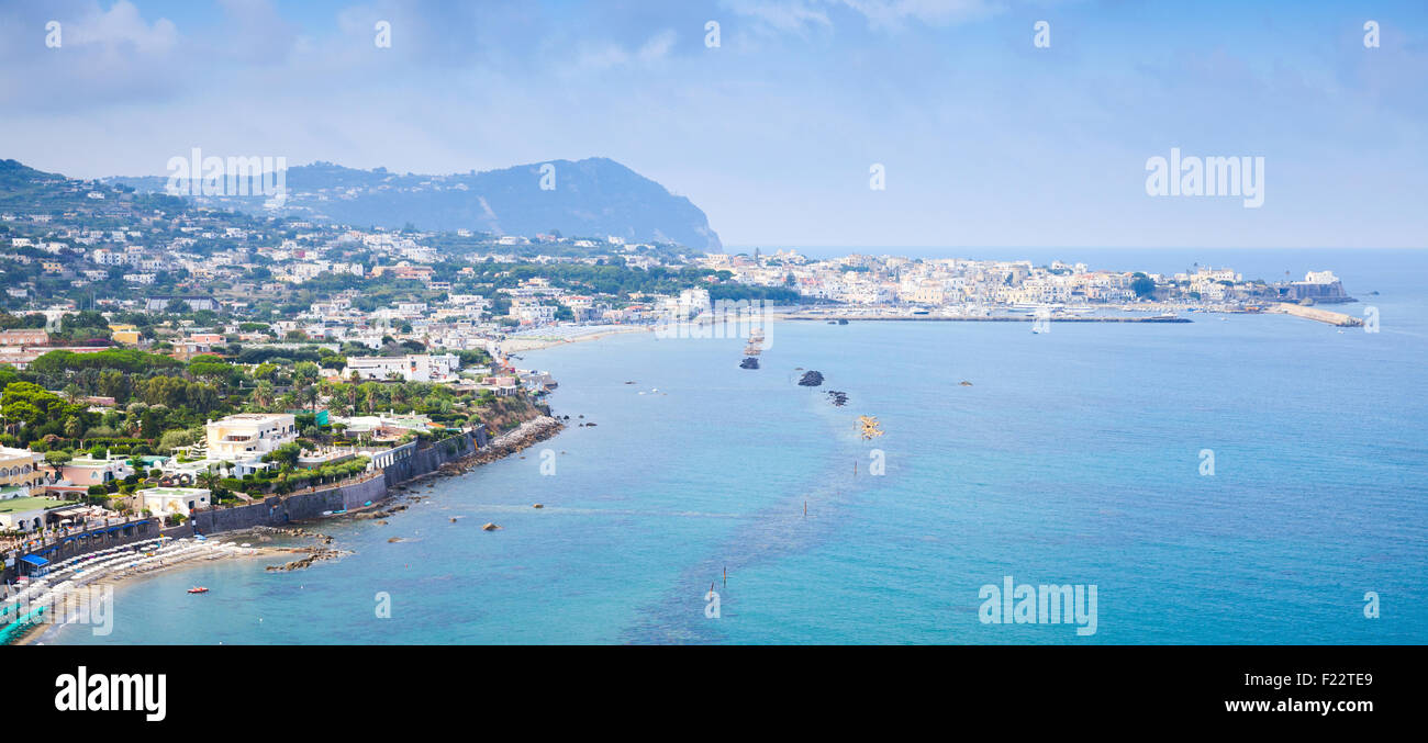Coastal panoramic landscape with beach of Forio, Ischia Island, Italy ...