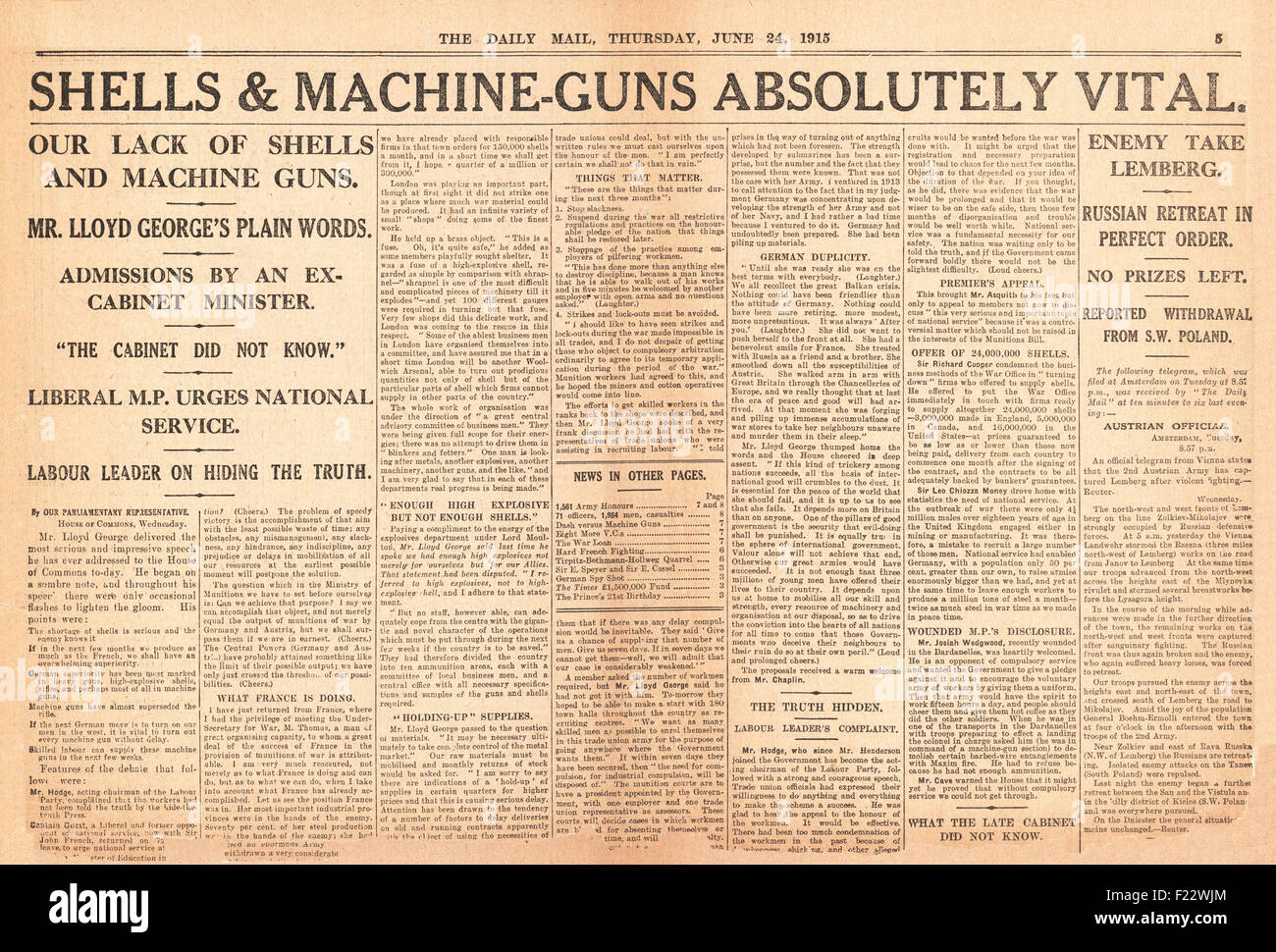 1915 Daily Mail Lloyd George speech on Munitions Scandal Stock Photo ...