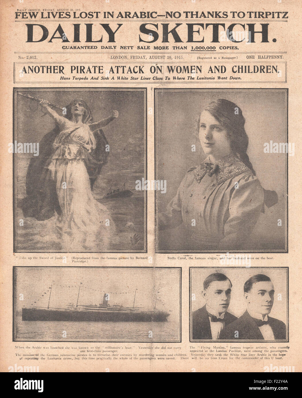 1915 Daily Sketch White Star Liner SS Arabic sunk by U-Boat Stock Photo ...