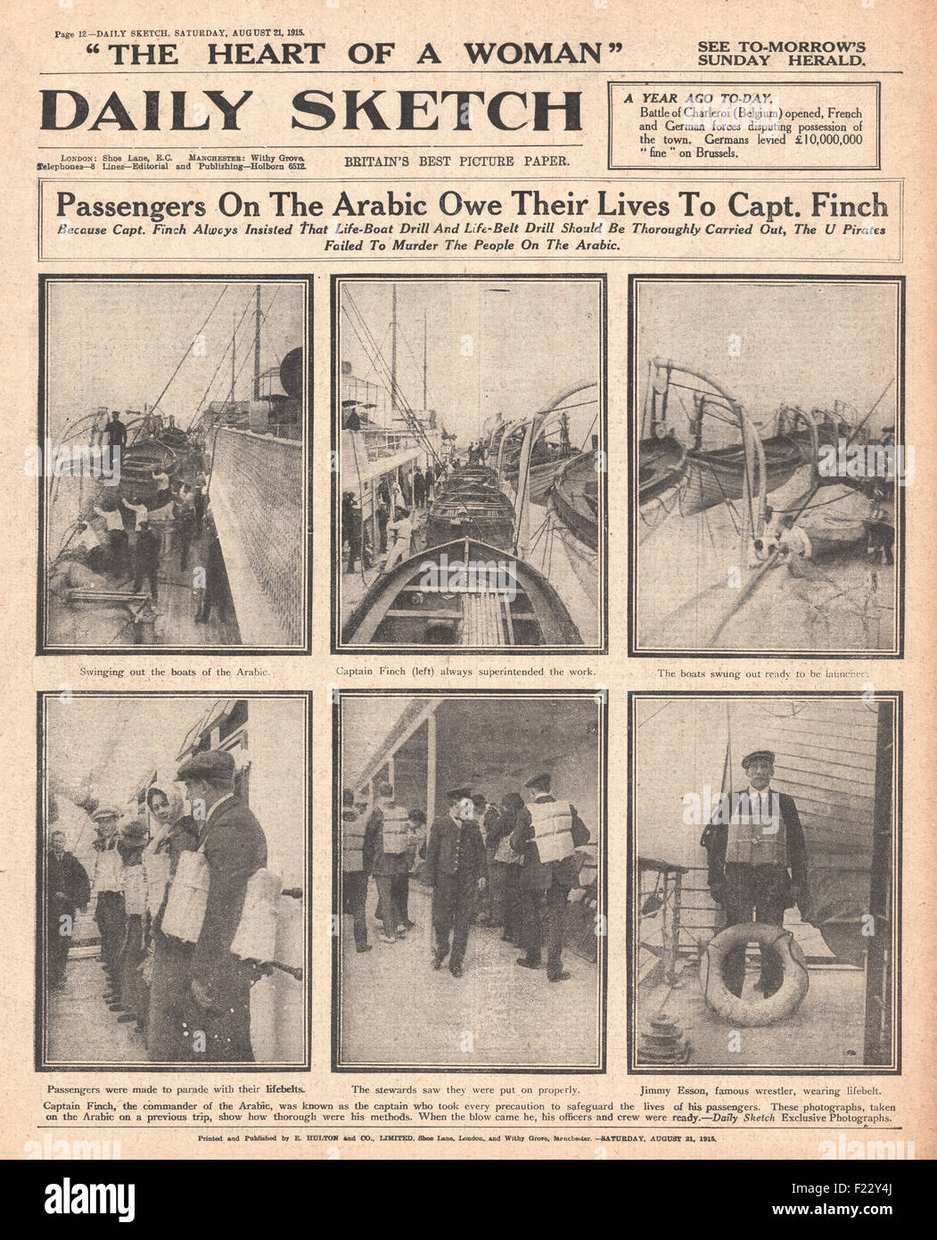 1915 Daily Sketch White Star Liner SS Arabic sunk by U-Boat Stock Photo ...